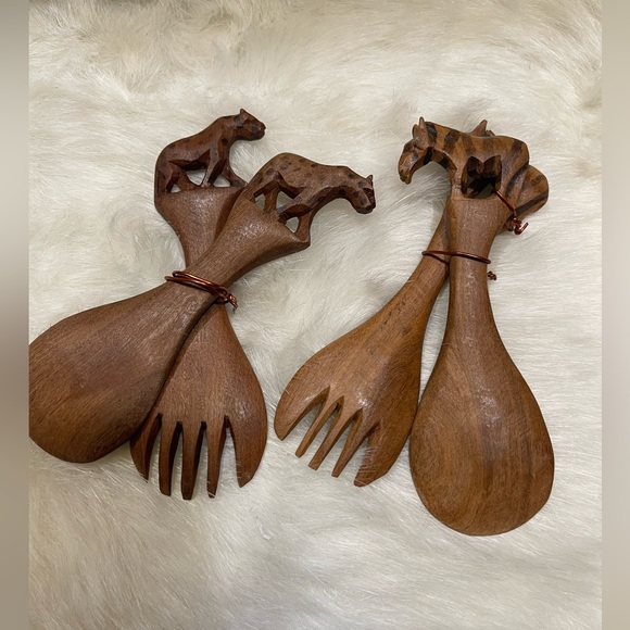 not sure | Dining | Zebra And Cheetah Carved Wooden Salad Tongs | Poshmark